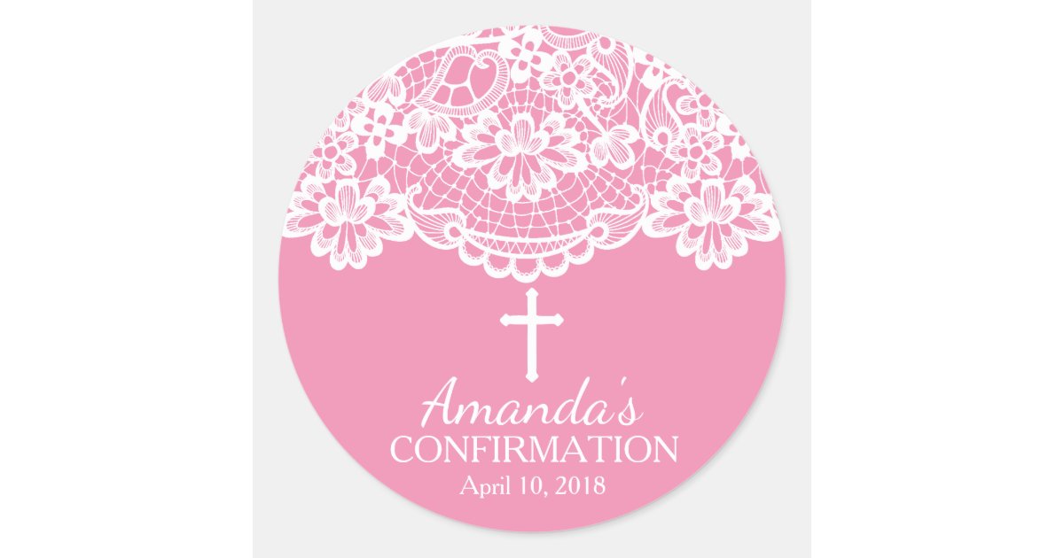 Pink Vintage Lace Confirmation Sticker | Zazzle