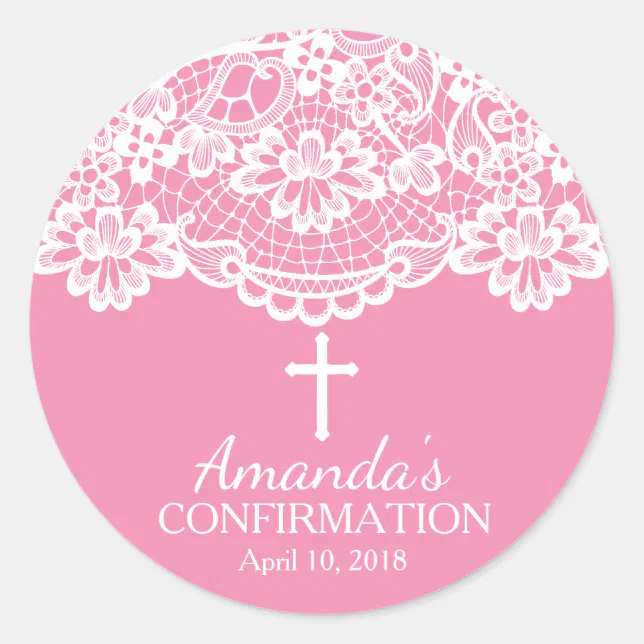 Pink Vintage Lace Confirmation Sticker | Zazzle
