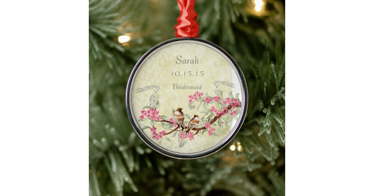 Pink Vintage Love Birds Maid of Honor Wedding Part Metal Ornament | Zazzle