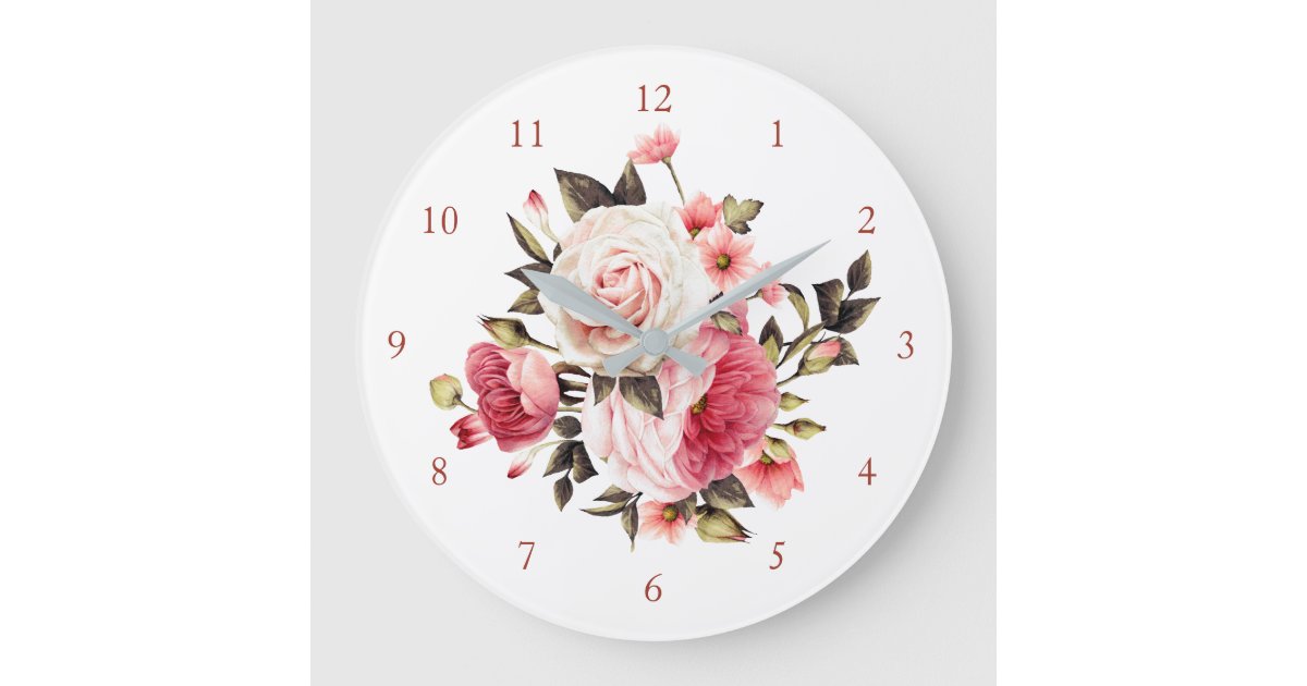 Pink Vintage Rose Bouquet Large Clock | Zazzle