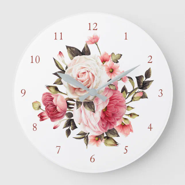 Pink Vintage Rose Bouquet Large Clock | Zazzle