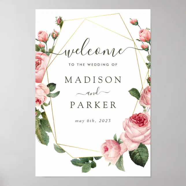 Pink Vintage Rose Wedding Poster | Zazzle