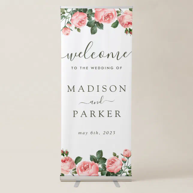 Pink Vintage Rose Wedding Welcome Retractable Banner | Zazzle
