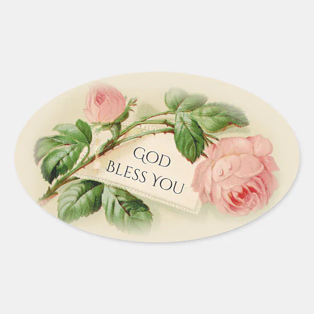 Pink Vintage Roses God Bless You Oval Sticker | Zazzle