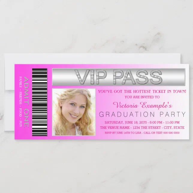 Pink VIP Pass Admission Ticket Graduation Party Invitation | Zazzle