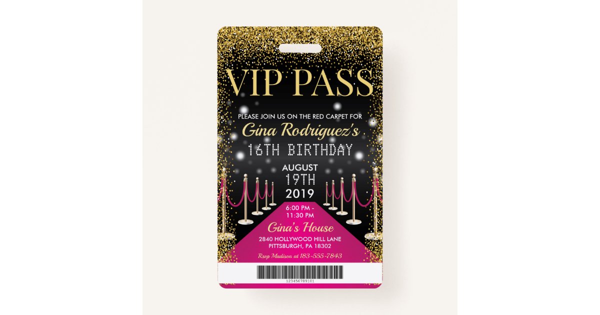 Pink VIP Pass Hollywood Red Carpet Birthday Badge | Zazzle