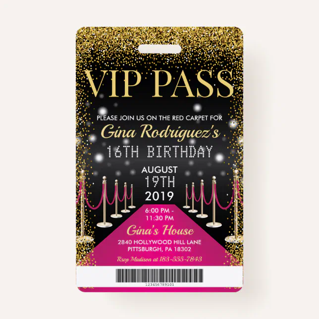 Pink VIP Pass Hollywood Red Carpet Birthday Badge | Zazzle