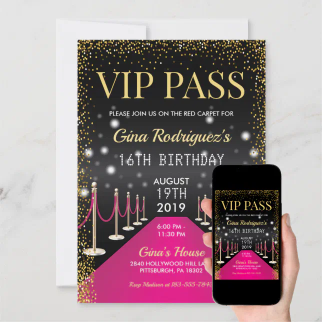 Pink VIP Pass Hollywood Red Carpet Birthday Invitation | Zazzle