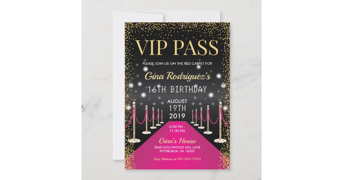 Pink VIP Pass Hollywood Red Carpet Birthday Invitation | Zazzle