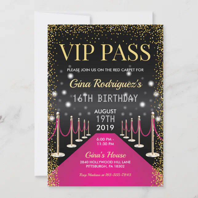 Pink VIP Pass Hollywood Red Carpet Birthday Invitation | Zazzle