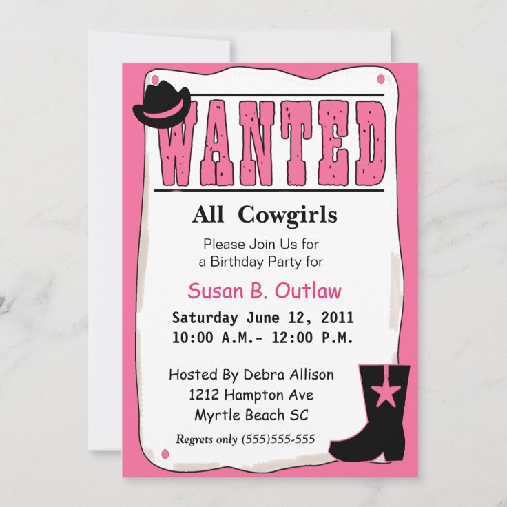 Pink Wanted Poster Birthday Invitation | Zazzle