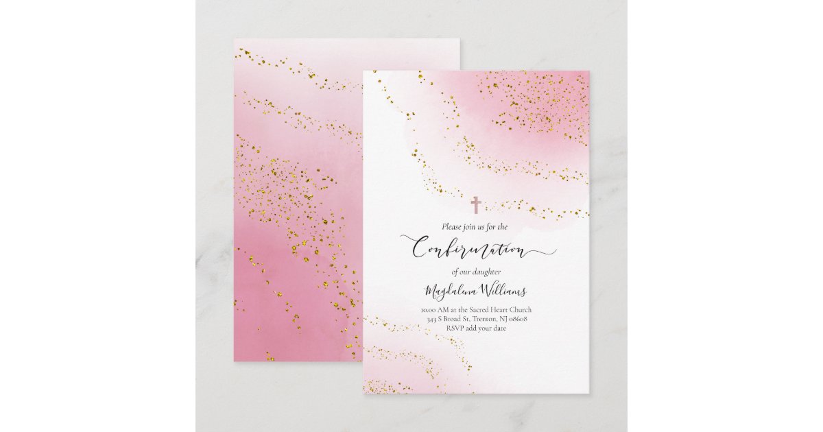 pink watercolor and FAUX glitter Confirmation Invitation | Zazzle