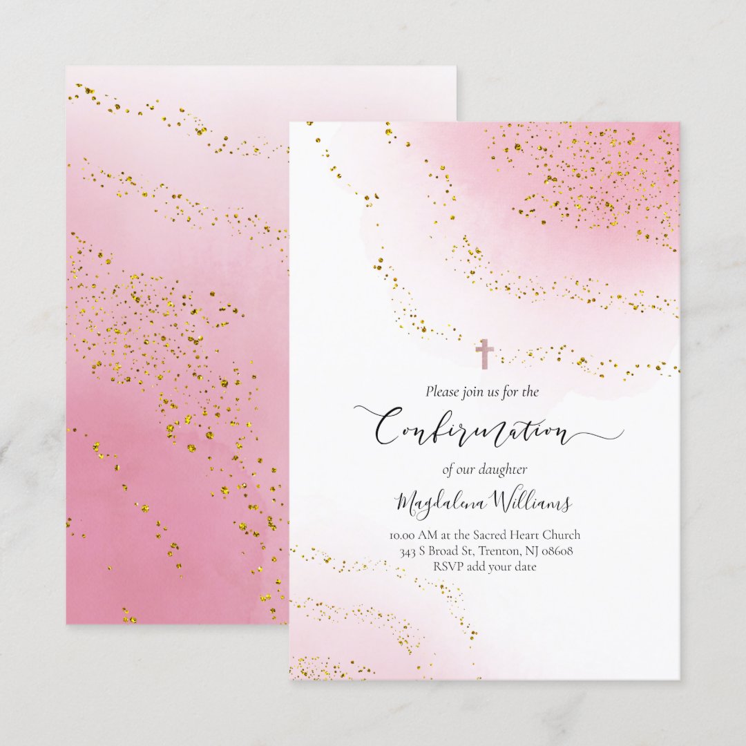 pink watercolor and FAUX glitter Confirmation Invitation | Zazzle
