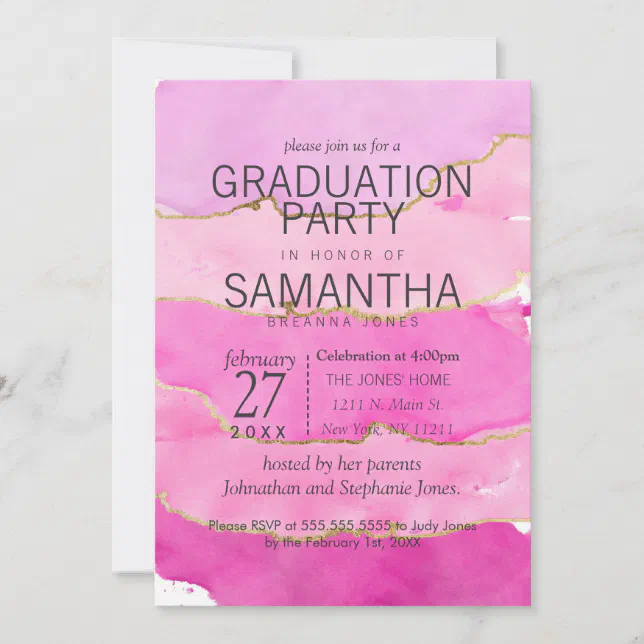 Pink Watercolor and Gold Graduation Party Invites | Zazzle