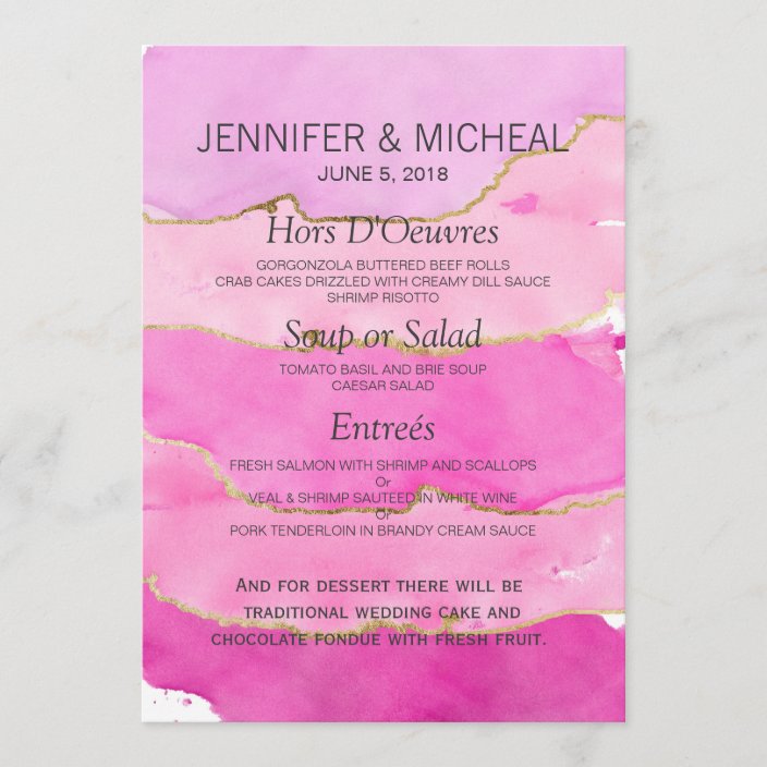 Pink Watercolor and Gold Wedding Menu | Zazzle.com