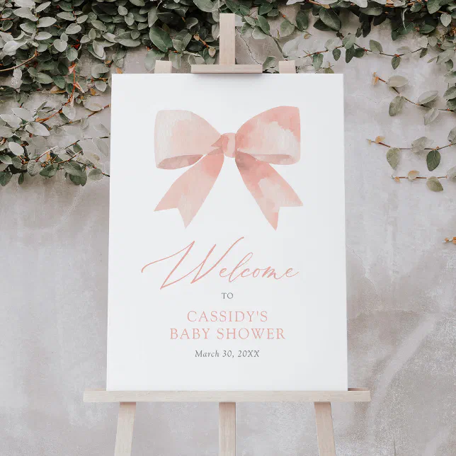 Pink Watercolor Bow Girl Baby Shower Welcome Sign | Zazzle
