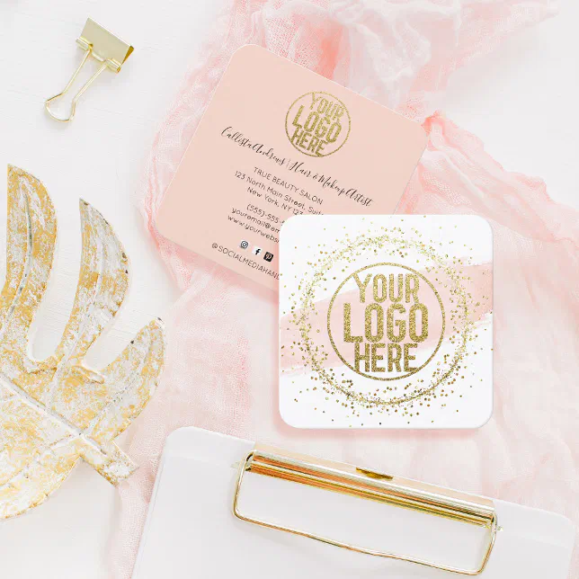 Pink Watercolor Brushstroke Glitter Confetti Logo Square Business Card ...
