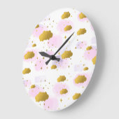Pink Watercolor Clouds Gold Stars Sky Large Clock | Zazzle