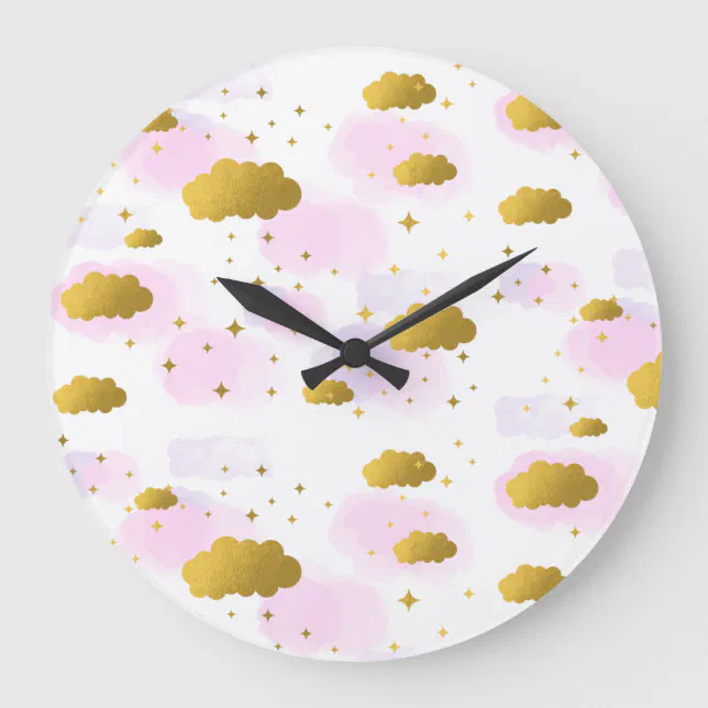 Pink Watercolor Clouds Gold Stars Sky Large Clock | Zazzle