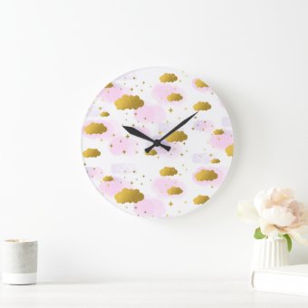 Pink Watercolor Clouds Gold Stars Sky Large Clock | Zazzle