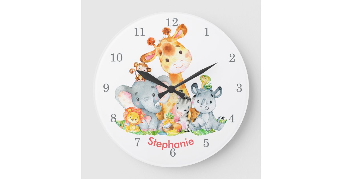 Pink Watercolor Cute Safari Jungle Animals Large Clock | Zazzle