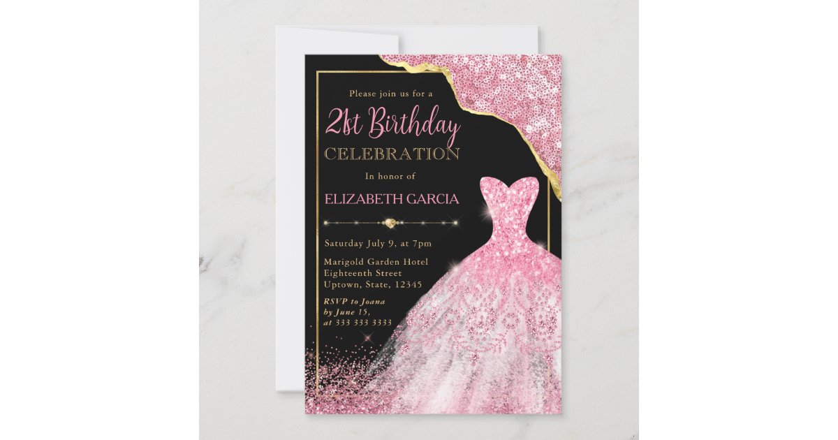 Pink Watercolor Dress and Glam Edge 21st Birthday Invitation | Zazzle