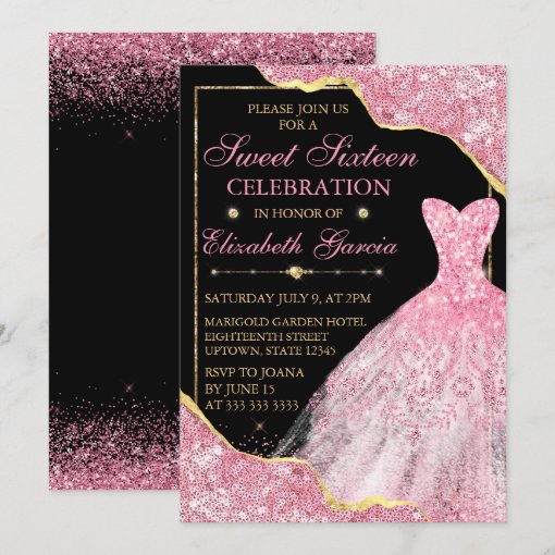 Pink Watercolor Dress & Glitter Glam Edge Sweet 16 Invitation | Zazzle
