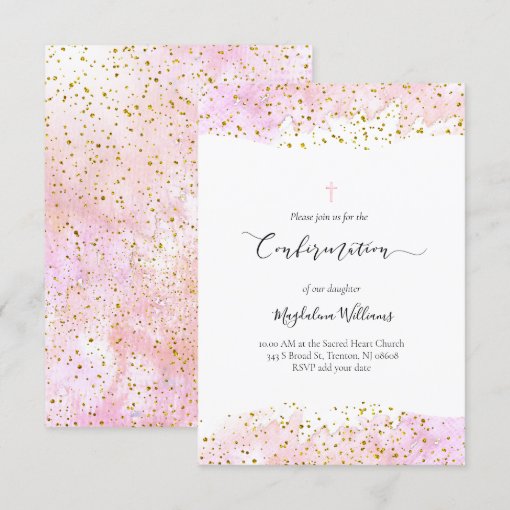 pink watercolor | FAUX gold details Confirmation Invitation | Zazzle