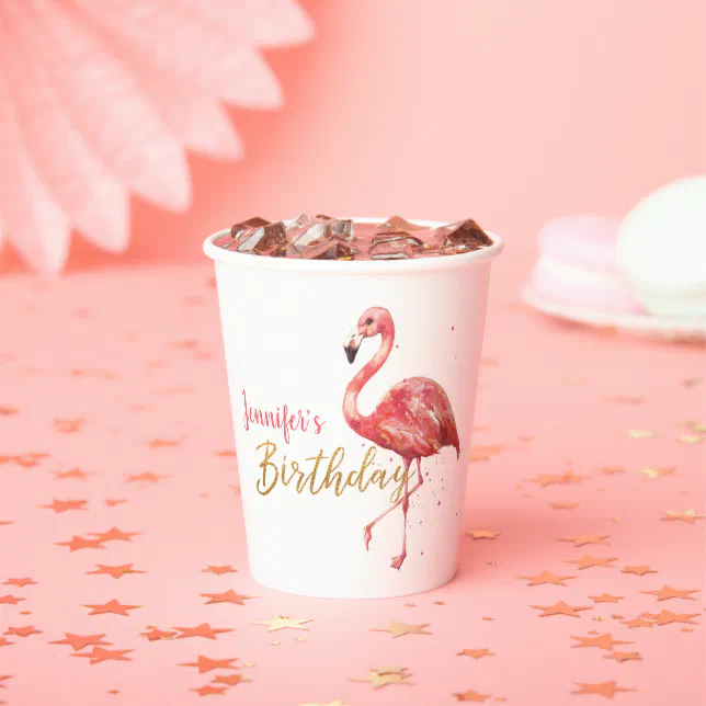 Pink Watercolor Flamingo Gold Glitter Birthday Paper Cups | Zazzle