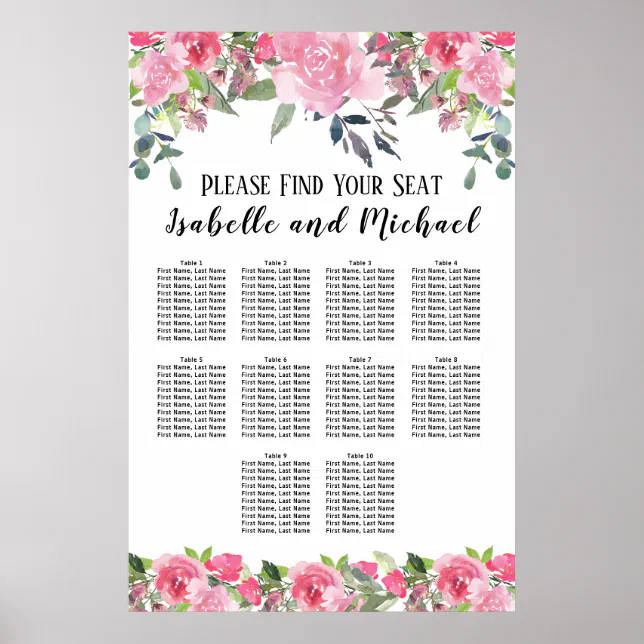 Pink Watercolor Floral 10-Table Seating Chart | Zazzle