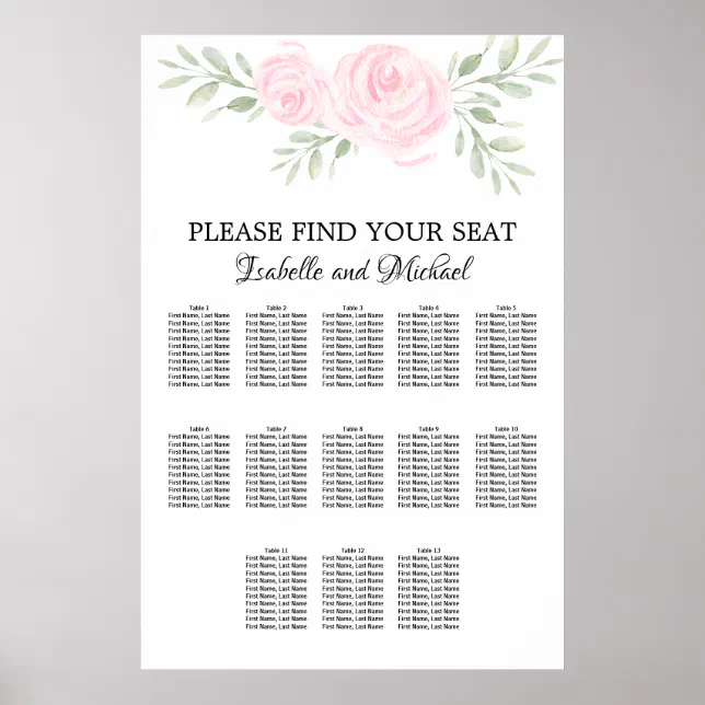 Pink Watercolor Floral 13-Table Seating Chart | Zazzle