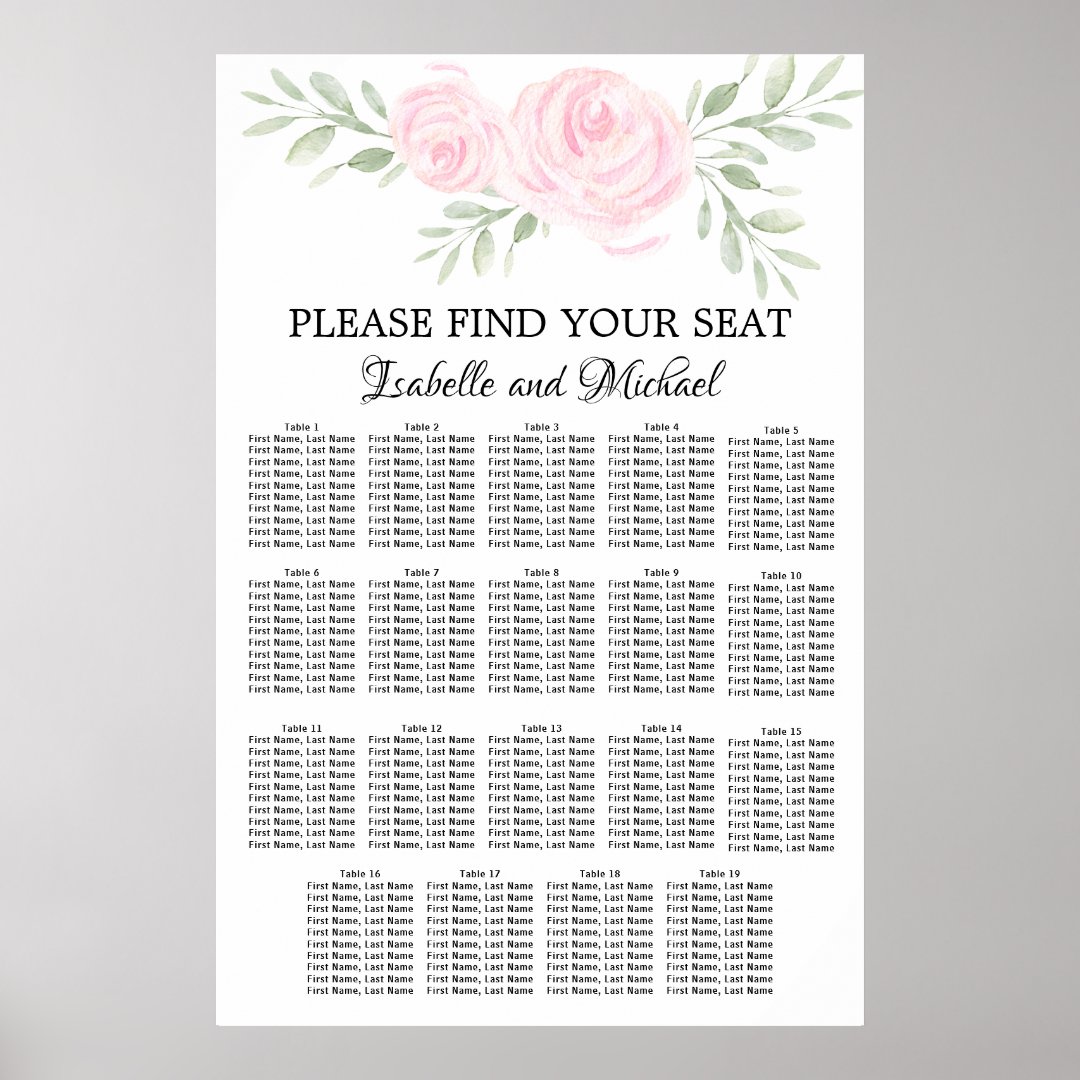 Pink Watercolor Floral 19-Table Seating Chart | Zazzle