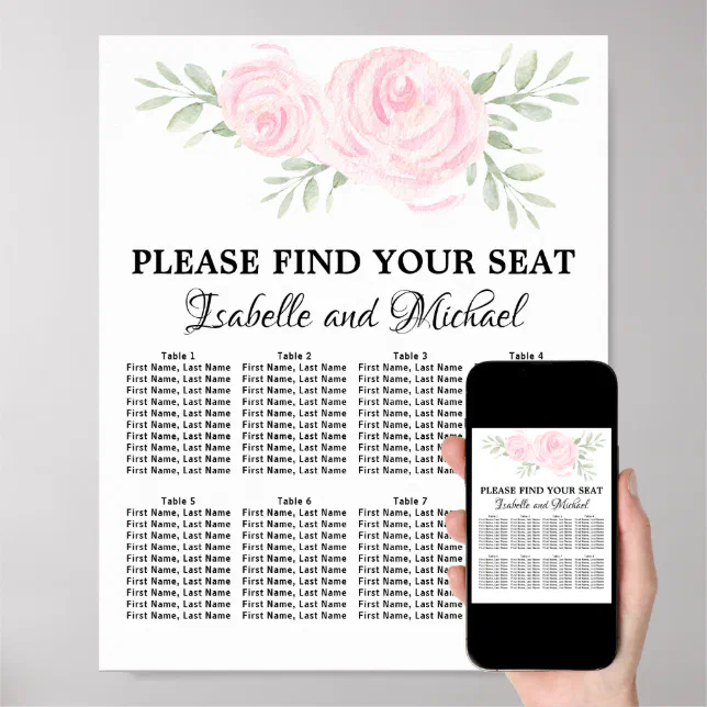Pink Watercolor Floral 8-Table Seating Chart | Zazzle