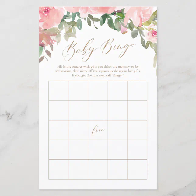 Pink Watercolor Floral Baby Shower Bingo Game | Zazzle