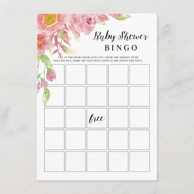 Pink Watercolor Floral Baby Shower Bingo Game Card | Zazzle