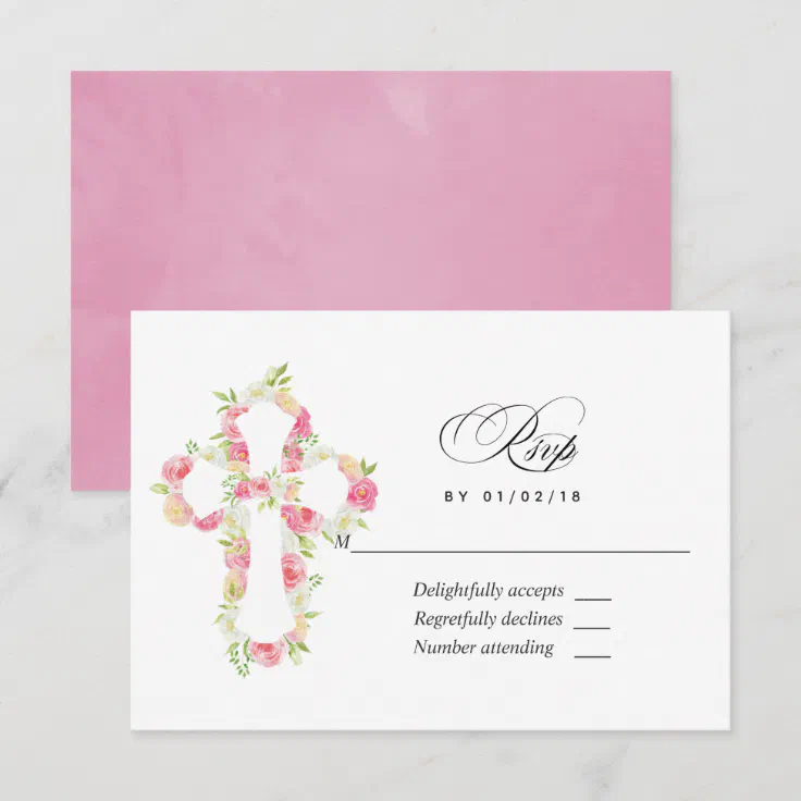 Pink Watercolor Floral Baptism or Christening RSVP Card | Zazzle