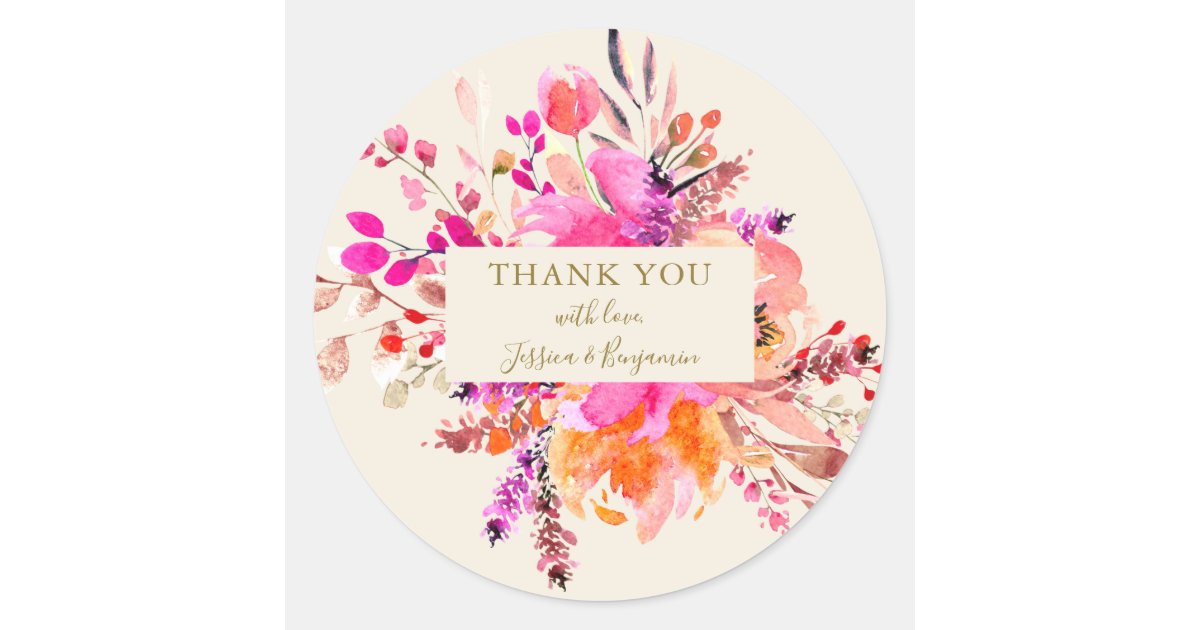 Pink Watercolor Floral Bouquet Wedding Name Custom Classic Round ...