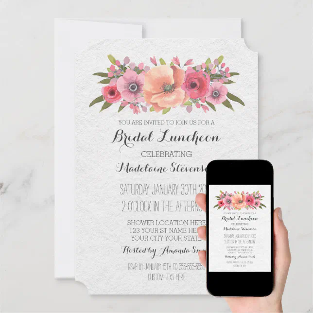 Pink Watercolor Floral Bridal Lunch Invitations | Zazzle