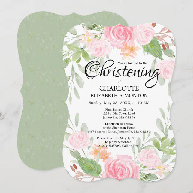 Pink Watercolor Floral Christening Invitations | Zazzle