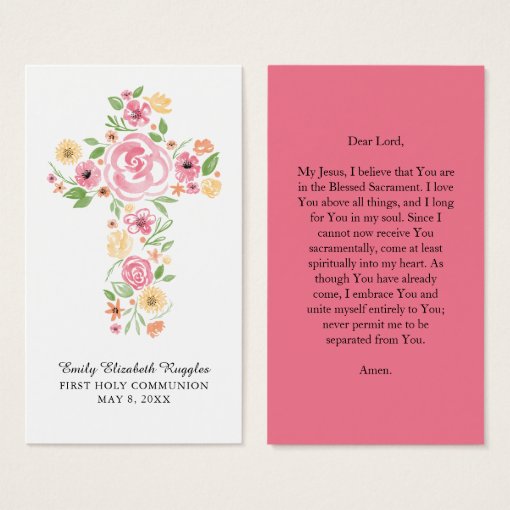 Pink Watercolor Floral Cross Prayer Card | Zazzle