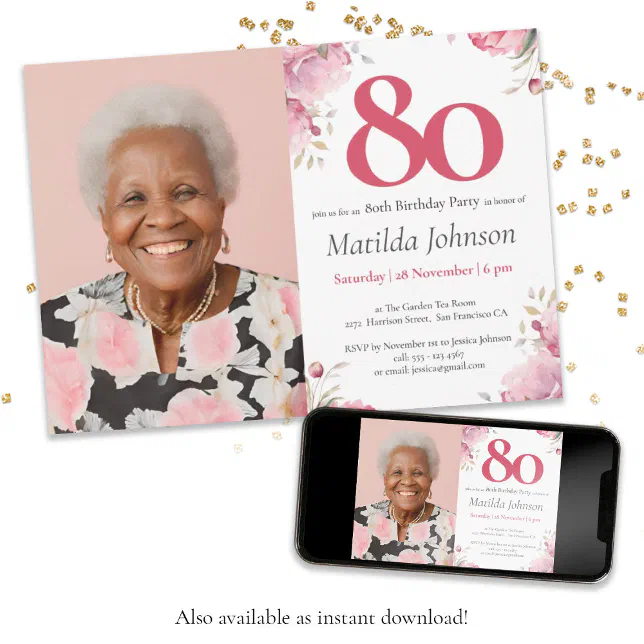Pink Watercolor Floral Custom Photo 80th Birthday Invitation | Zazzle