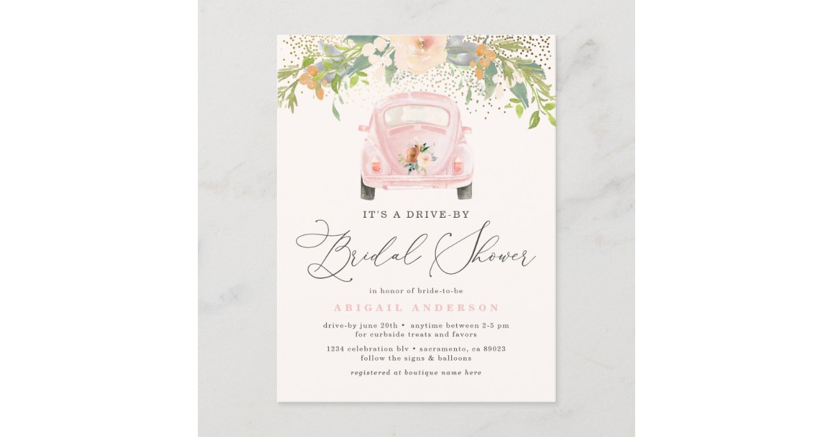 Pink Watercolor Floral Drive By Bridal Shower Invitation Postcard | Zazzle