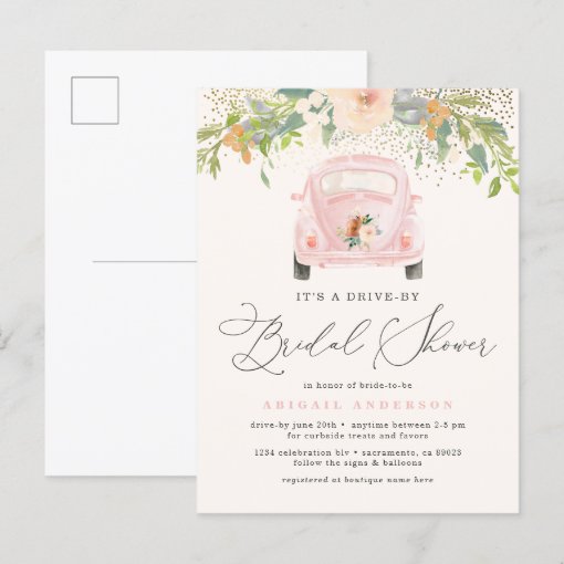 Pink Watercolor Floral Drive By Bridal Shower Invitation Postcard | Zazzle