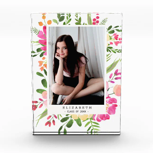 Pink Watercolor Floral Frame Custom Graduation Photo Block | Zazzle