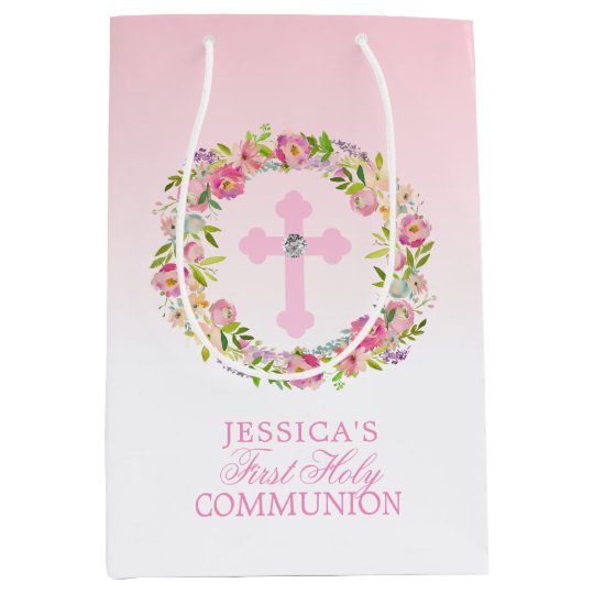 Pink Watercolor Floral Girl First Holy Communion Medium Gift Bag ...