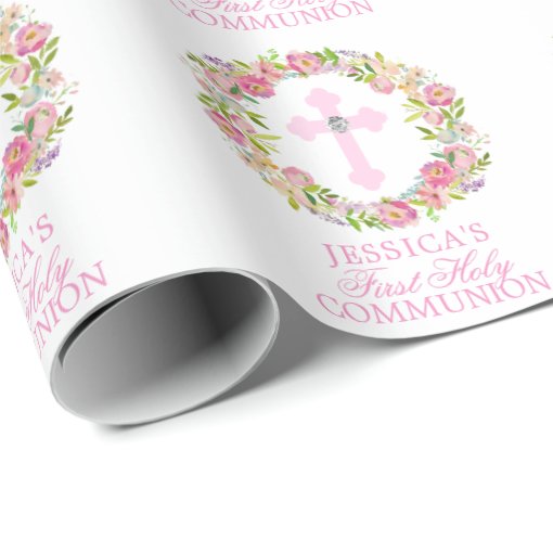 Pink Watercolor Floral Girl First Holy Communion Wrapping Paper | Zazzle
