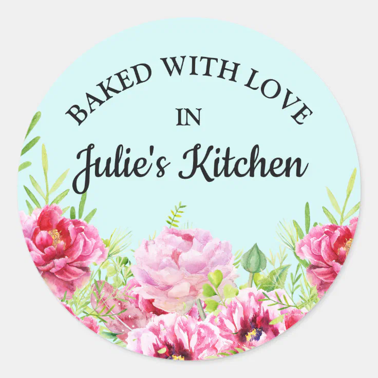 Pink Watercolor Floral Light Blue Food Gift Classic Round Sticker | Zazzle