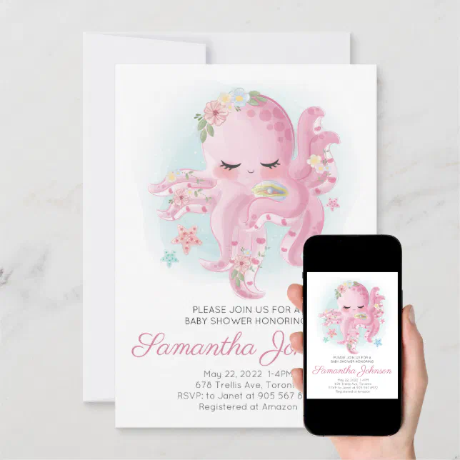 Pink Watercolor Floral Octopus Baby Shower Invitation | Zazzle