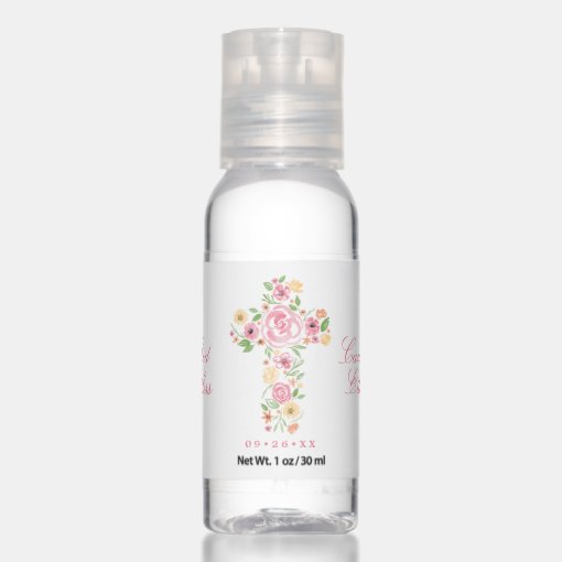 Pink Watercolor Flower Baptism Cross Hand Sanitizer | Zazzle