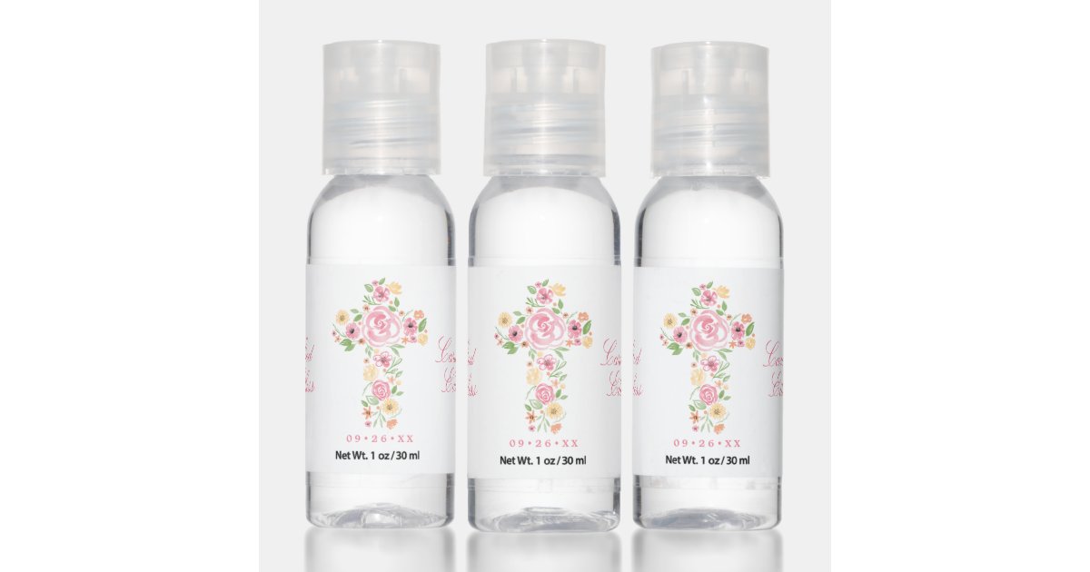 Pink Watercolor Flower Baptism Cross Hand Sanitizer | Zazzle